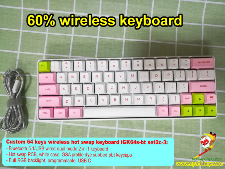 Custom 60% keyboard, 64 keys wireless bluetooth hot swap keyboard, RGB